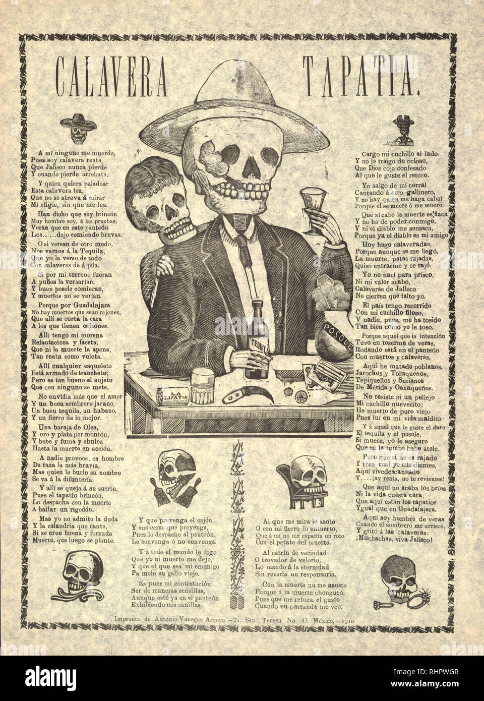 Broadside shows a male skeleton having a drink of tequila and smoking a ...