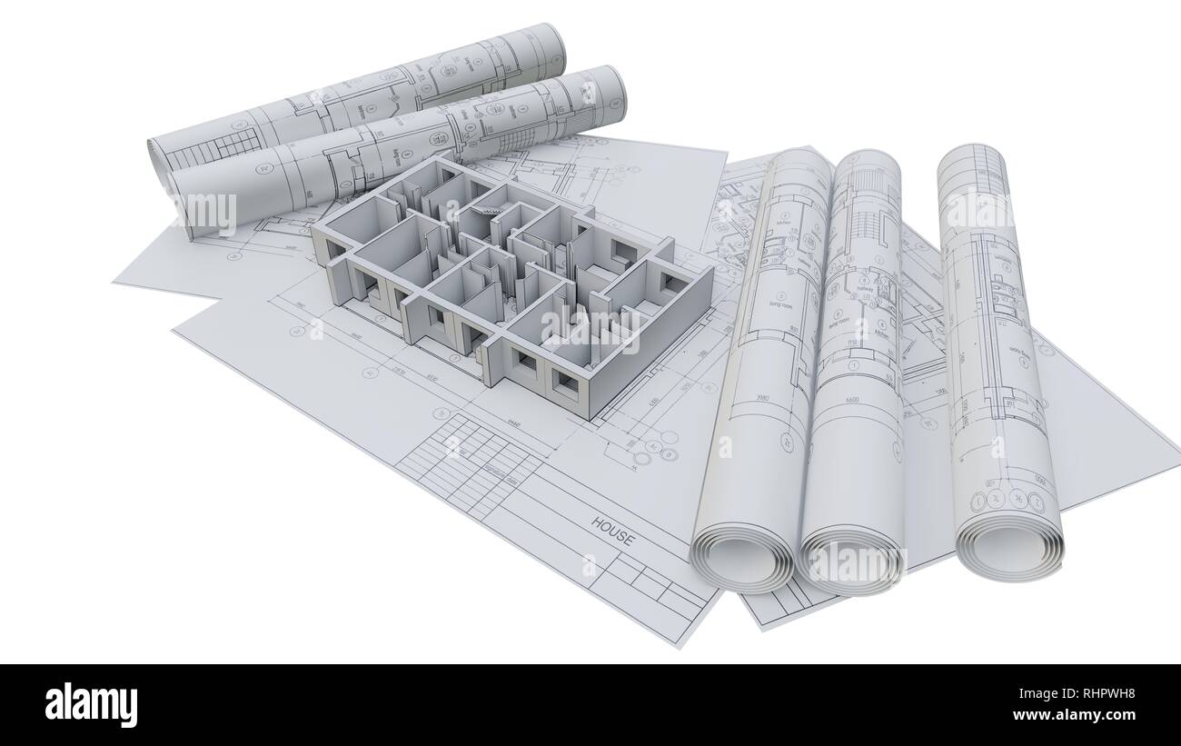 Built walls of a house on construction drawings Stock Photo - Alamy