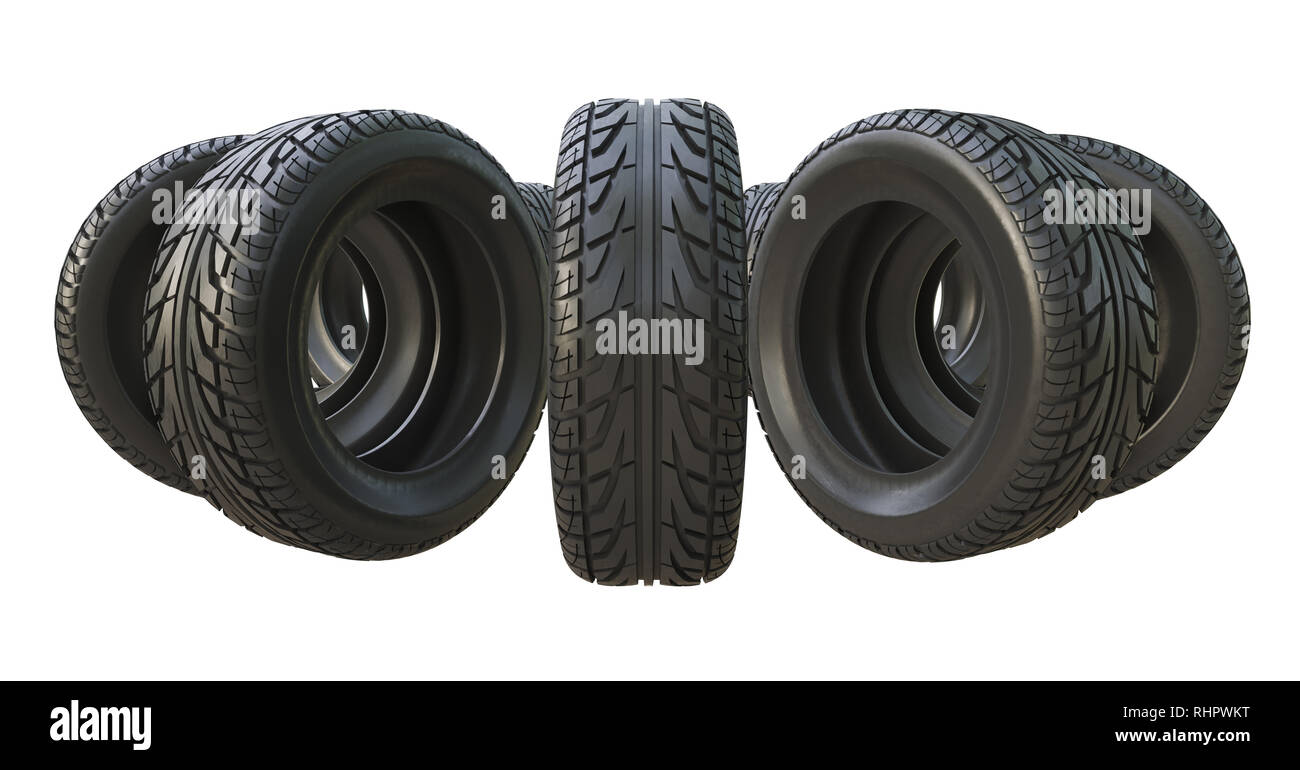 Group black tires, isolated Stock Photo - Alamy