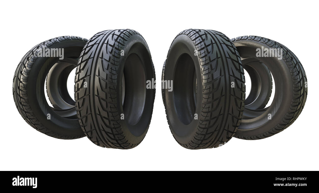 Group black tires, isolated Stock Photo - Alamy