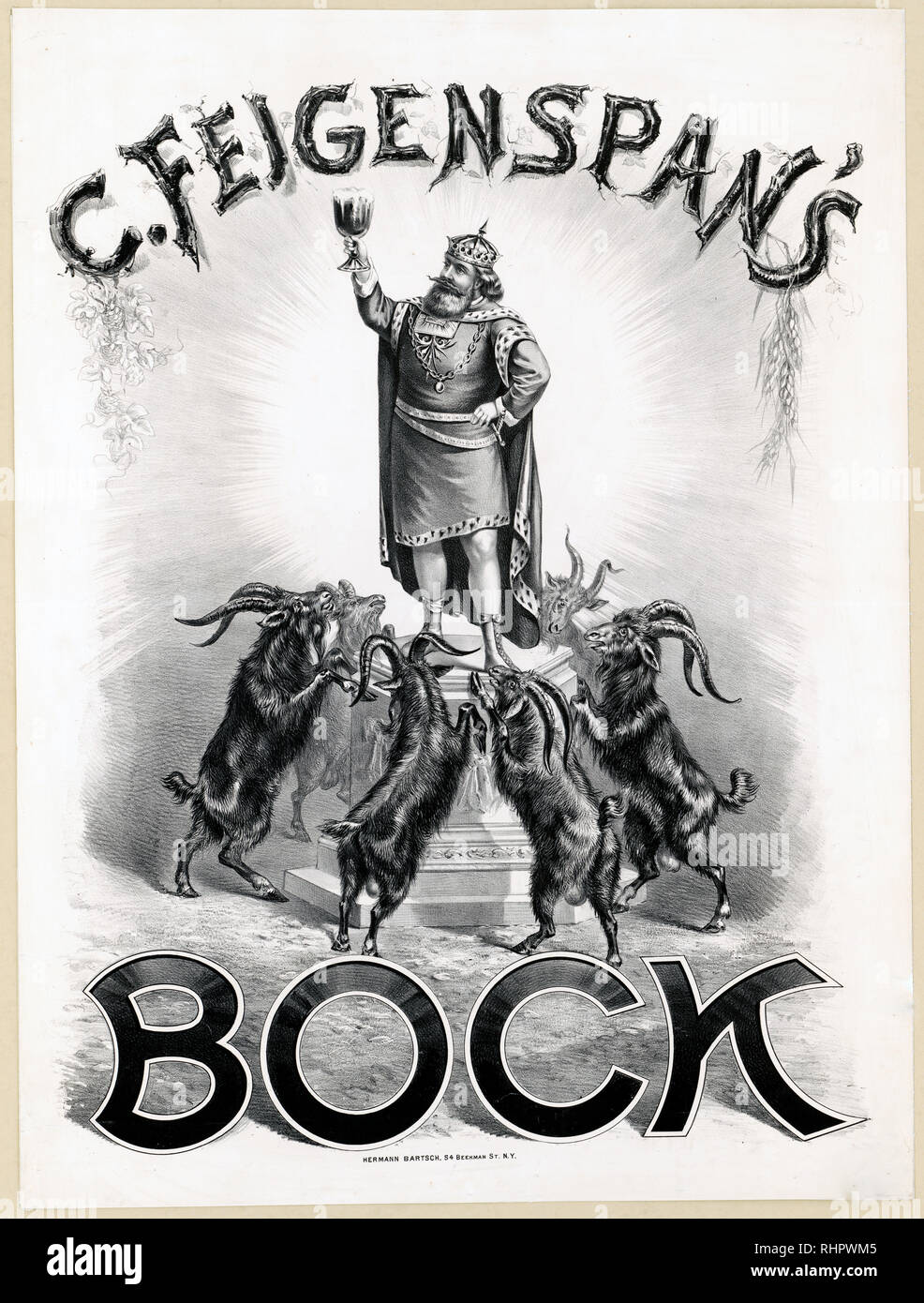 Print of advertisement for C. Feigenspan's beer showing a king standing ...