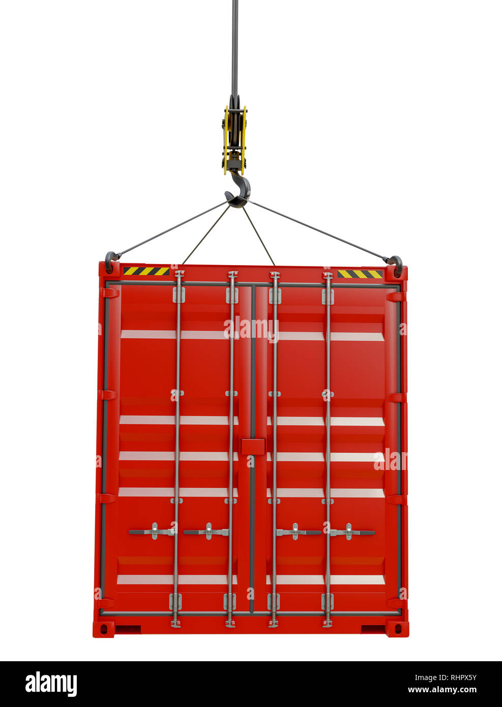 Red cargo container hoisted by hook Stock Photo - Alamy