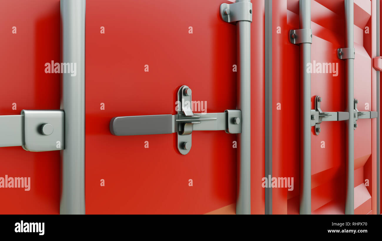 Perspective close-up of red container's door Stock Photo - Alamy