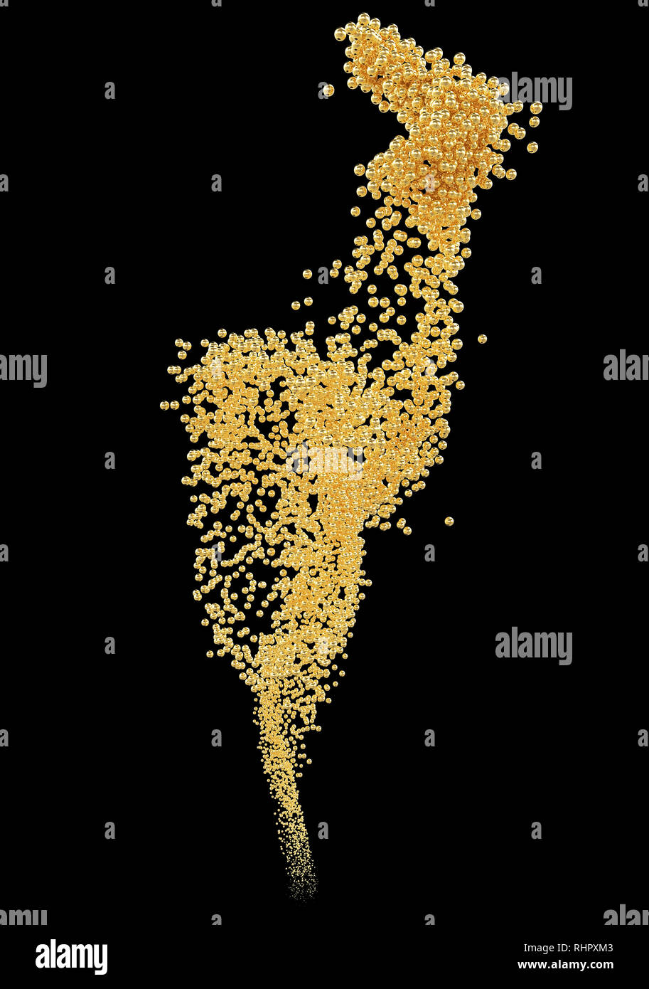 3D rendering of a stream made of reflective golden spheres increasing ...