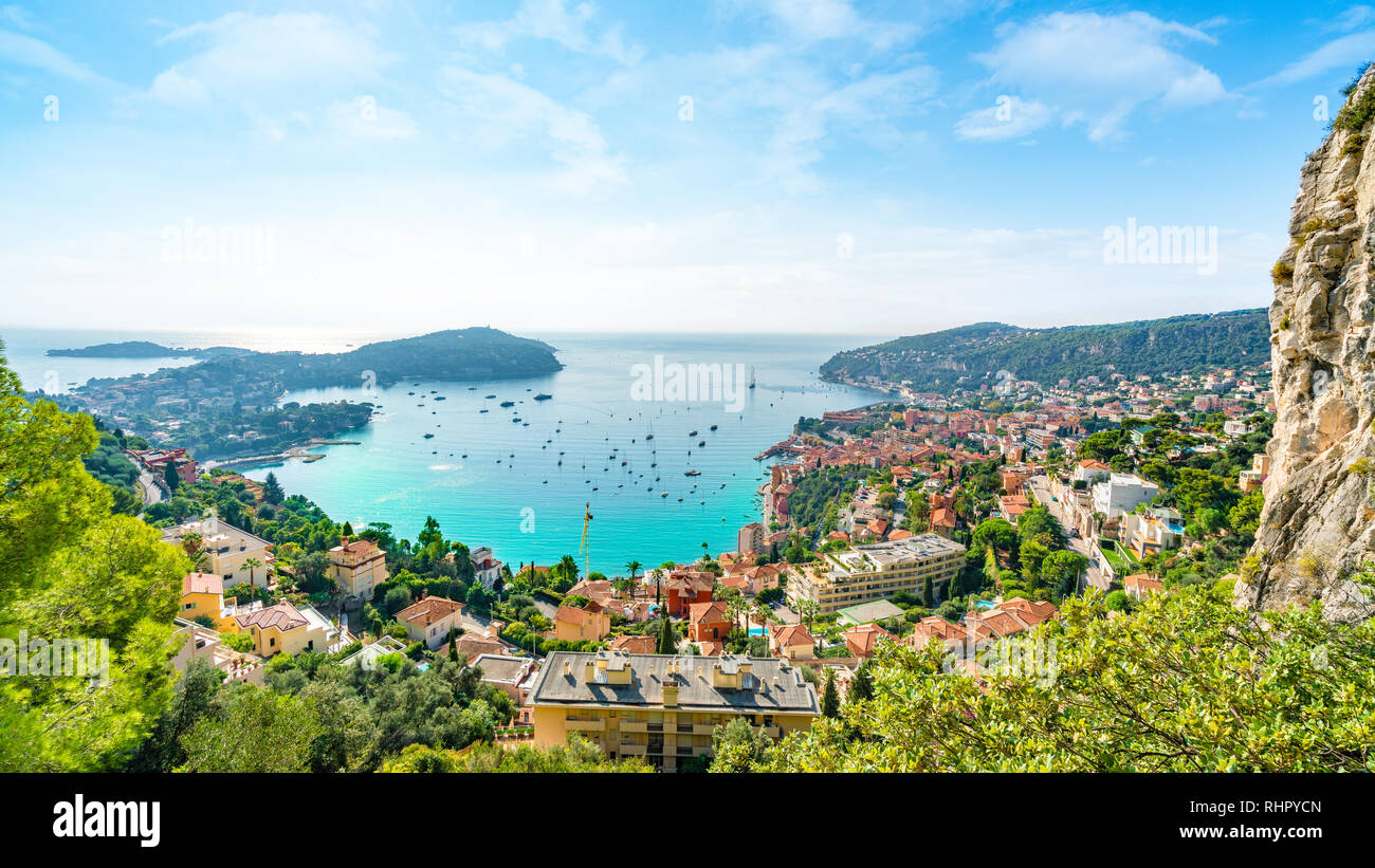 Aerial view of French Riviera coast with medieval town Villefranche sur ...