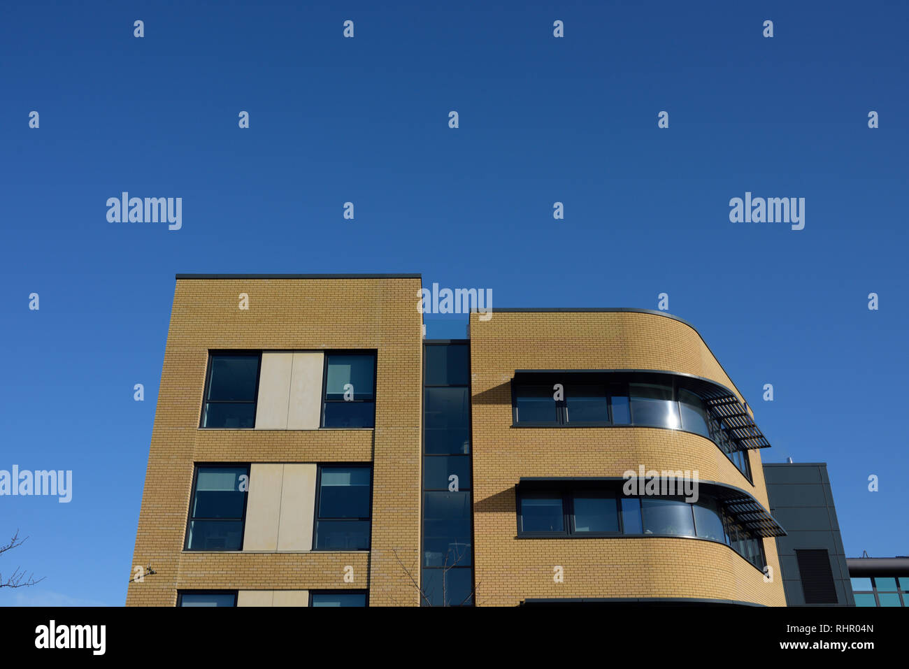 Modern building with curved facade, buff brickwork and curved ribbon ...
