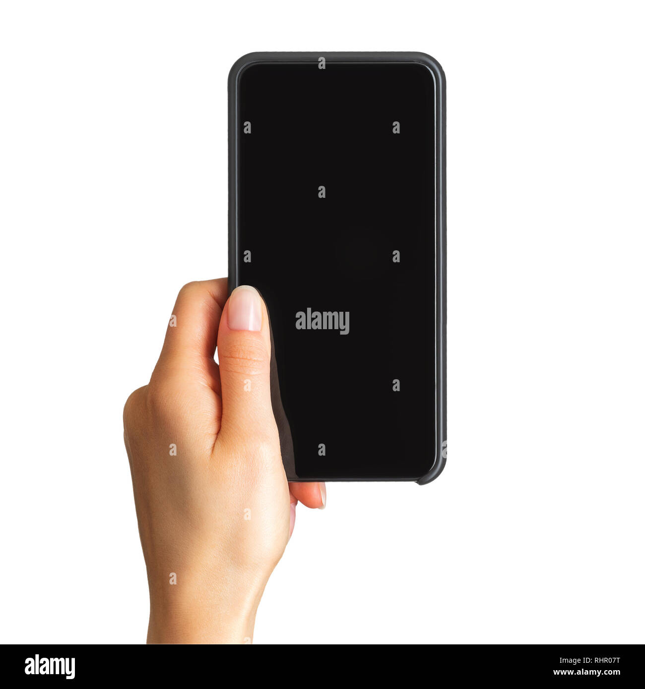 Women's hand showing black smartphone, concept of taking photo Stock ...