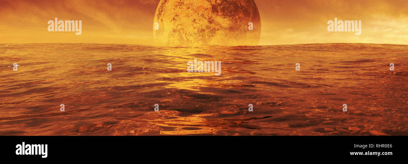 huge alien planet rising over the ocean of a golden lit water world ...