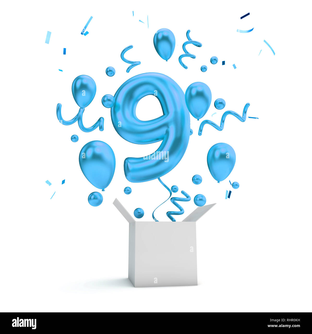 Happy 9th birthday blue surprise balloon and box. 3D Rendering Stock ...