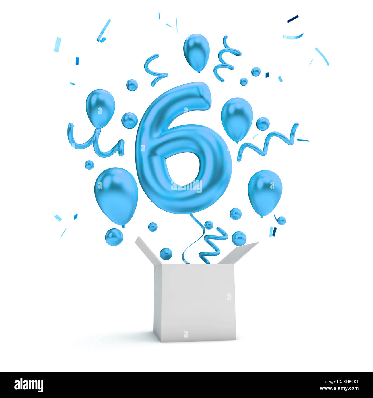 Happy 6th birthday blue surprise balloon and box. 3D Rendering Stock ...