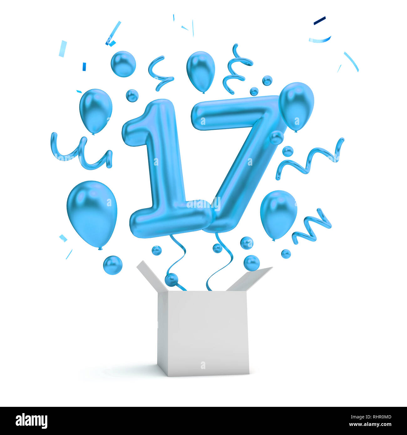 Happy 17th birthday blue surprise balloon and box. 3D Rendering Stock ...