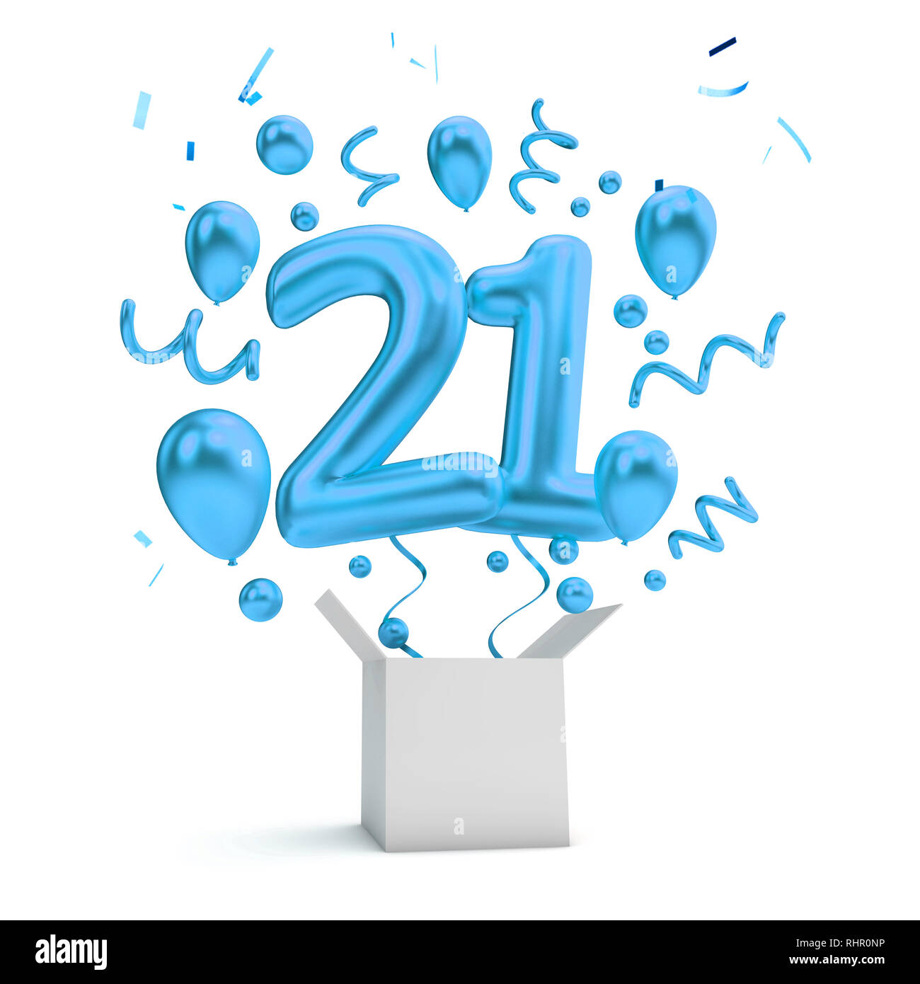 Happy 21st birthday blue surprise balloon and box. 3D Rendering Stock ...