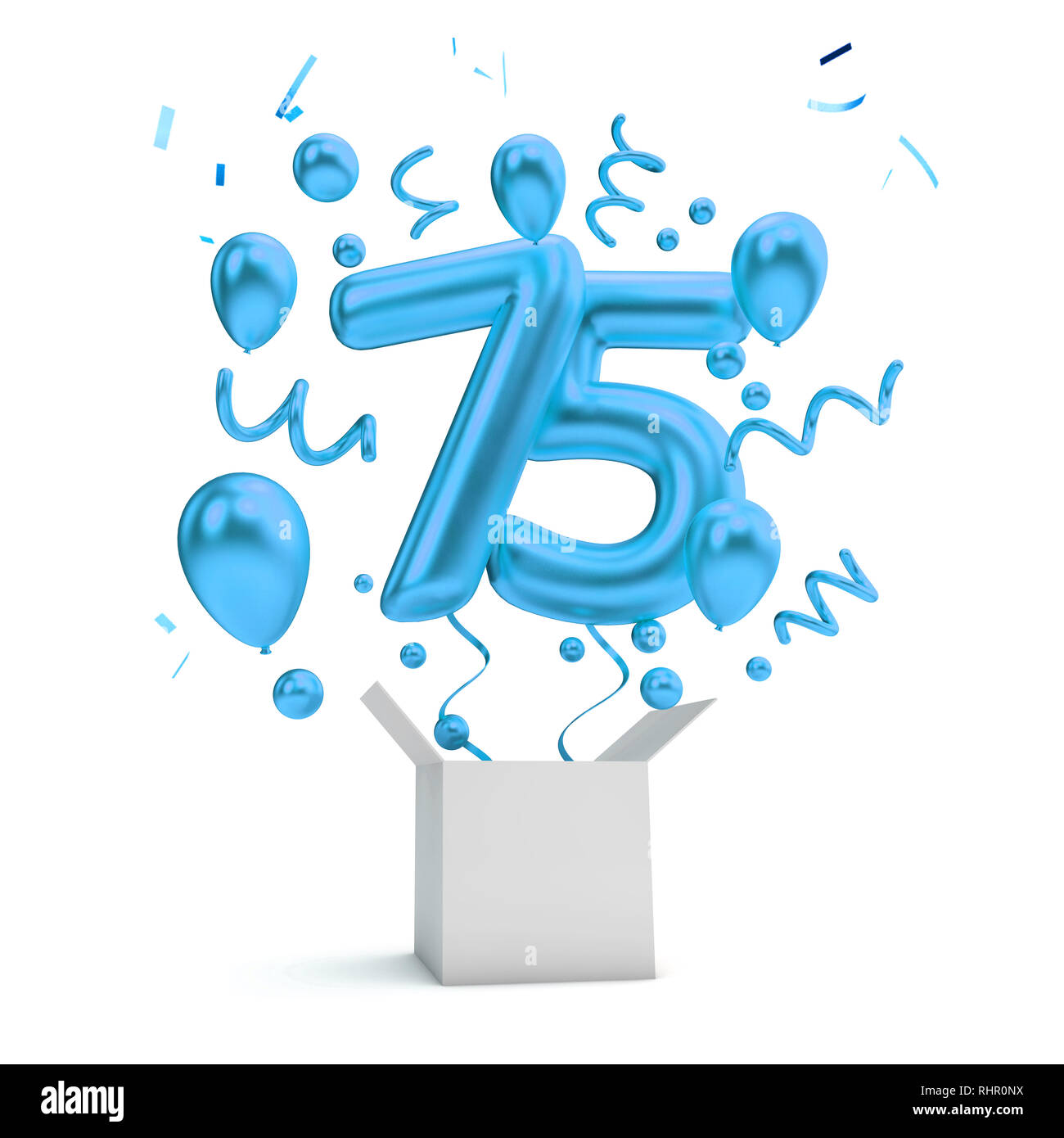 Happy 75th birthday blue surprise balloon and box. 3D Rendering Stock ...