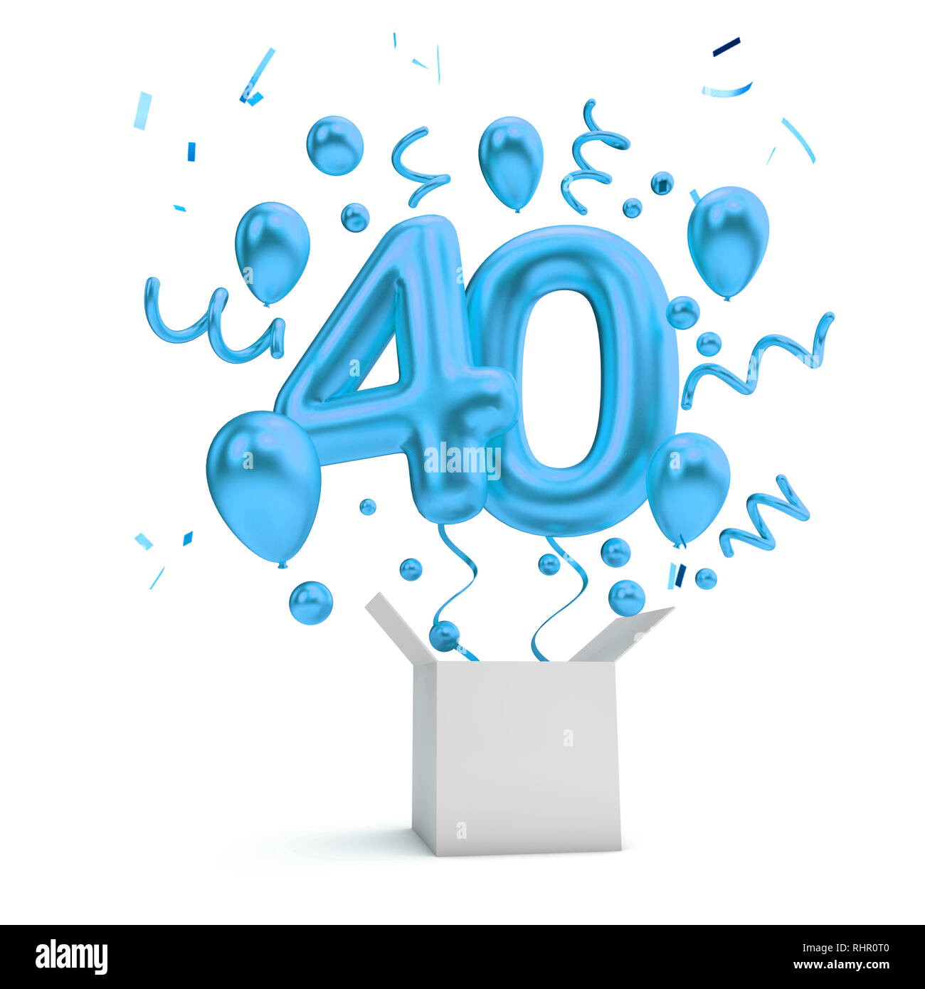 Happy 40th birthday blue surprise balloon and box. 3D Rendering Stock ...