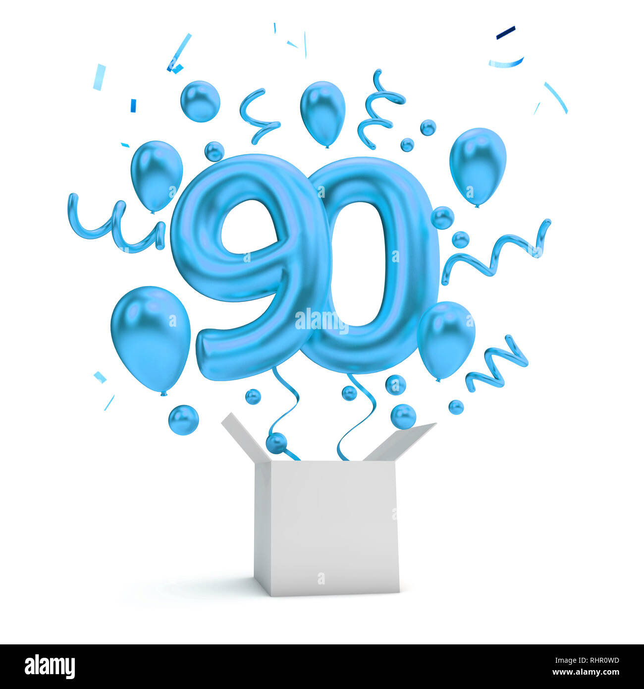 Happy 90th birthday blue surprise balloon and box. 3D Rendering Stock ...