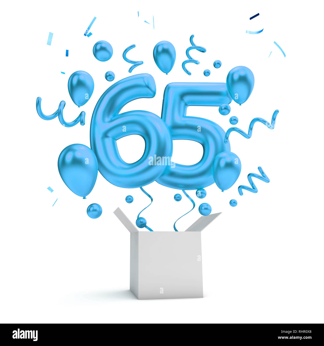Happy 65th birthday blue surprise balloon and box. 3D Rendering Stock ...