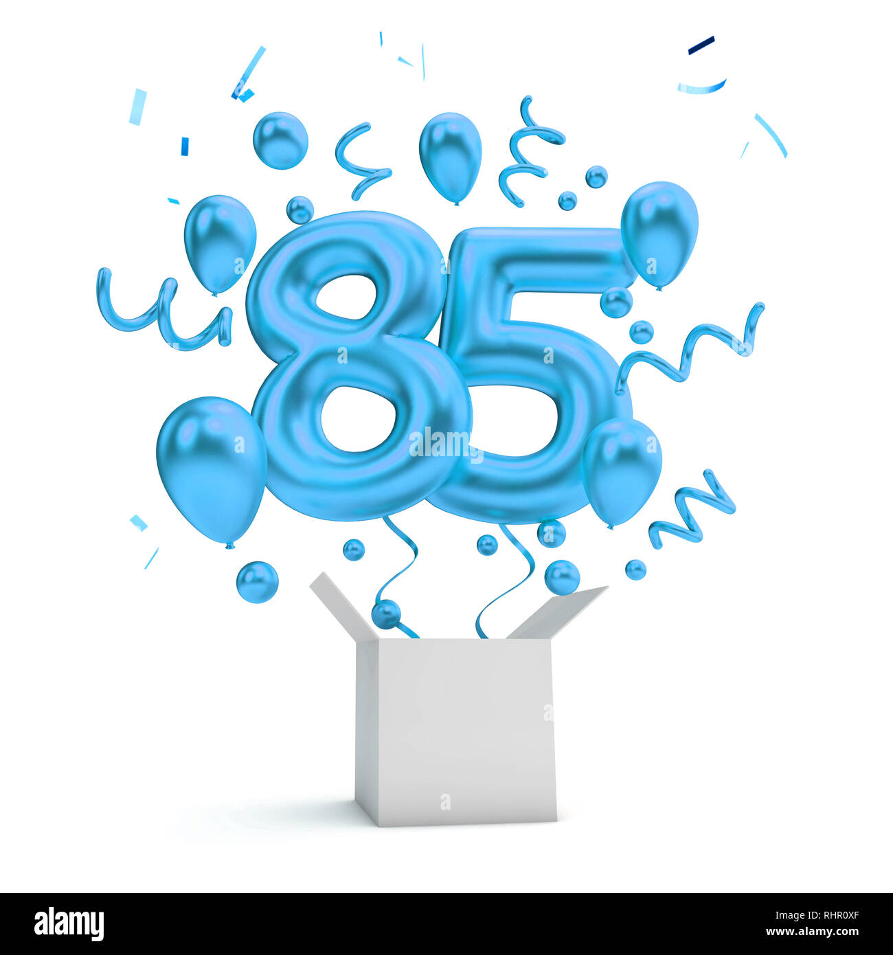 Happy 85th birthday blue surprise balloon and box. 3D Rendering Stock Photo - Alamy