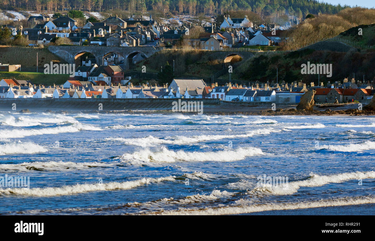 CULLEN BAY MORAY COAST SCOTLAND WINTER DAY THE SEA AND BEACH OVERLOOKED ...