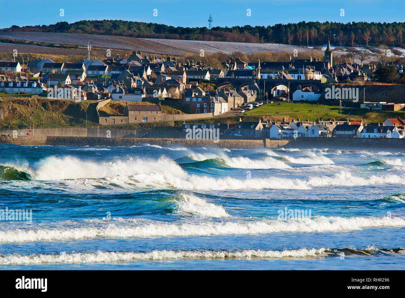 CULLEN BAY MORAY COAST SCOTLAND WINTER DAY THE SEA AND LARGE WAVES ...