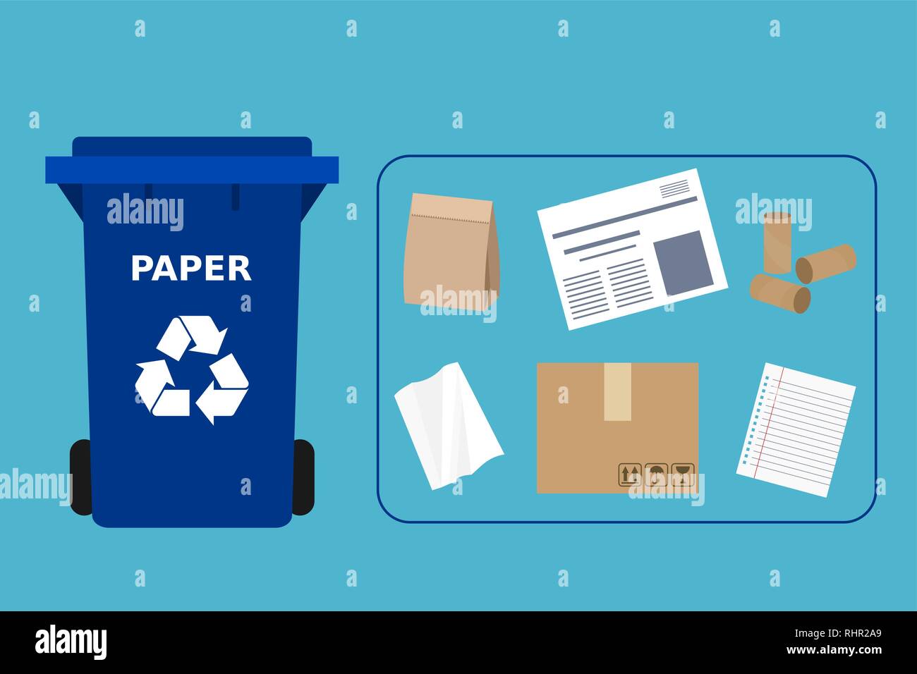 Blue trash can with paper waste suitable for recycling. Paper recycle ...