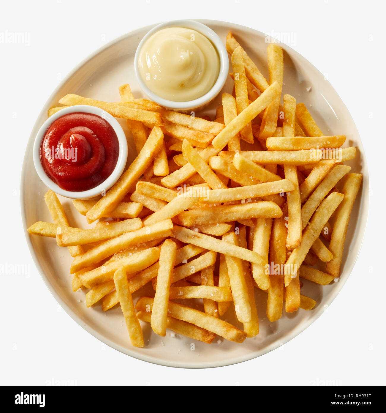 Plate of french fries potatoes served with ketchup and mayonnaise ...