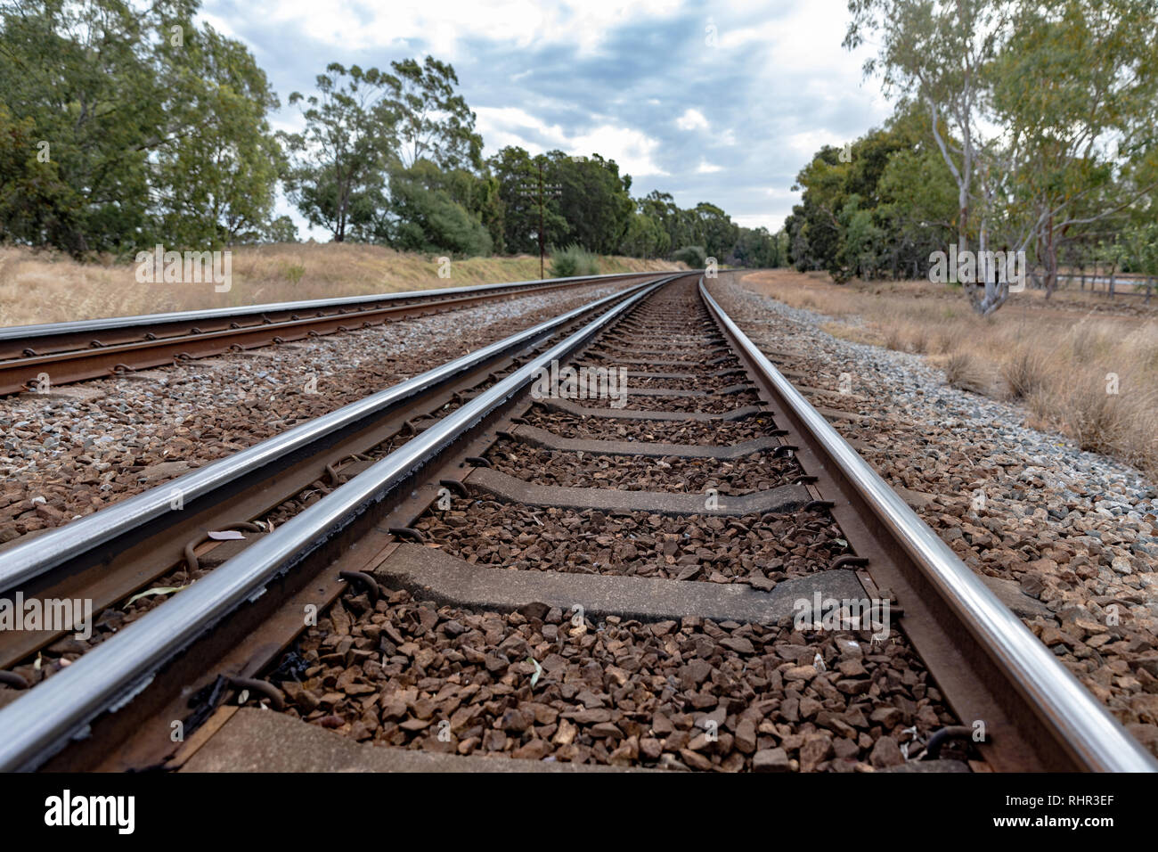Railway tracks in a rural scene up in the Perth Hills Western Australia ...