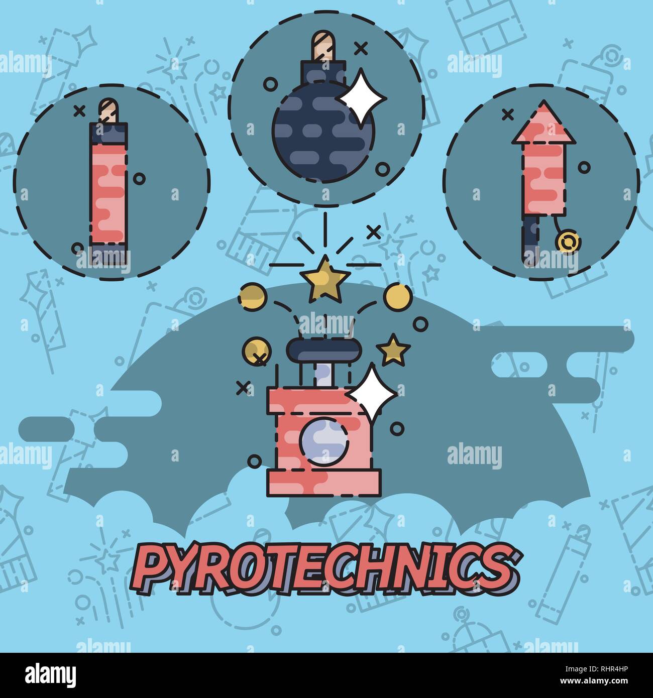 Pyrotechnics festival flat icons set with colorful firework crackers of ...