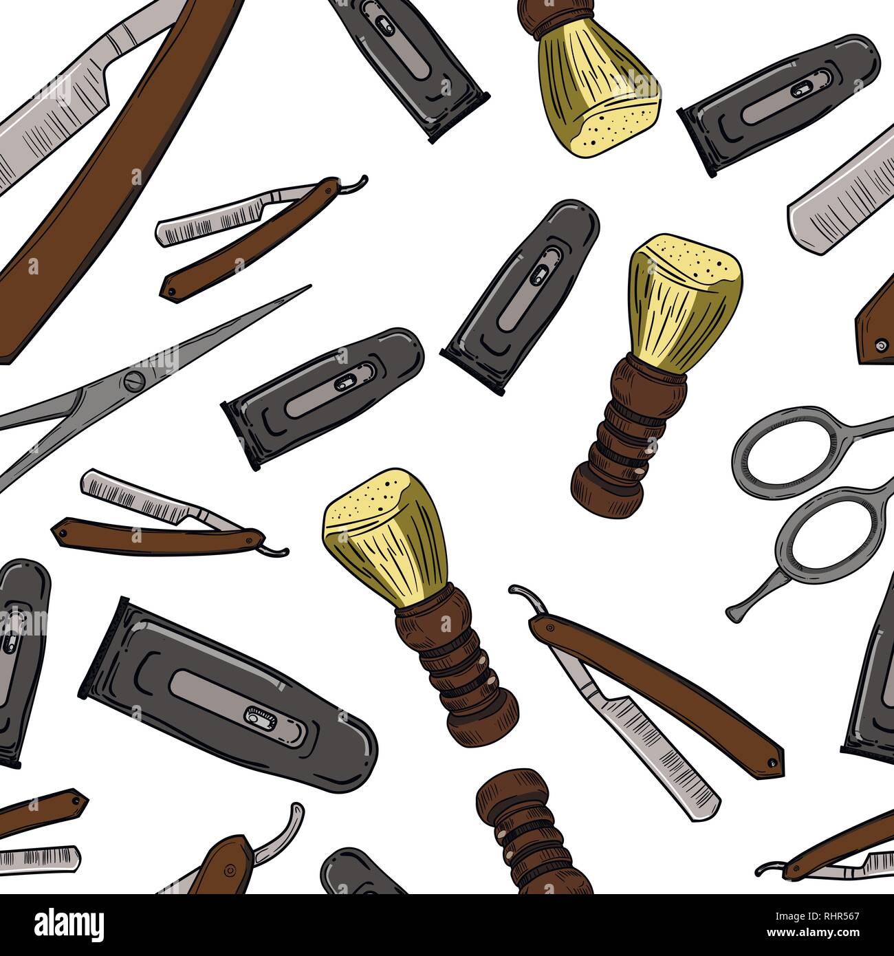 Hand drawn retro barbershop seamless pattern. Scissors, razor, shaving ...