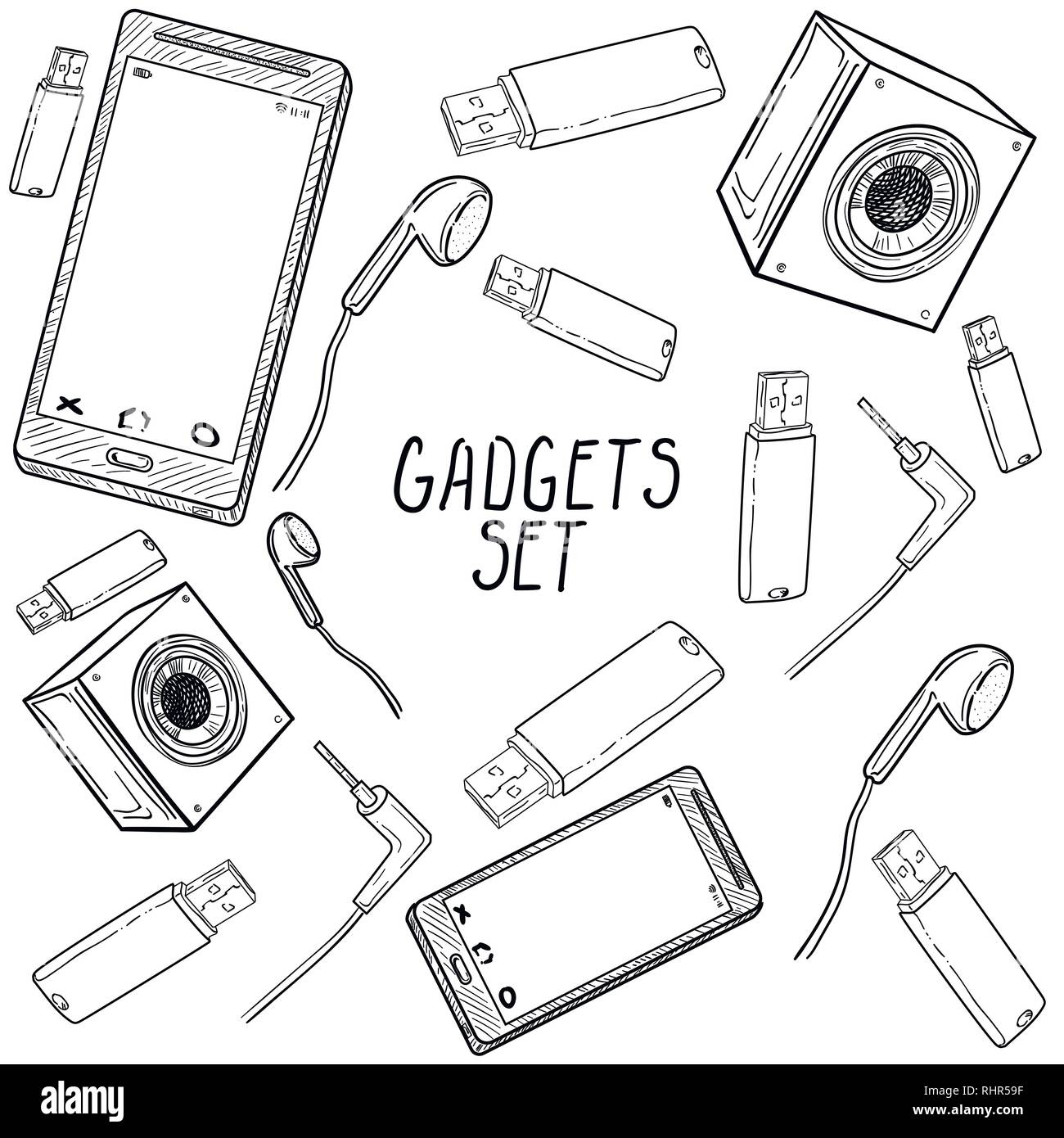 Set of hand drawn gadget icons with phone, game pad, tablet, pc, flash ...