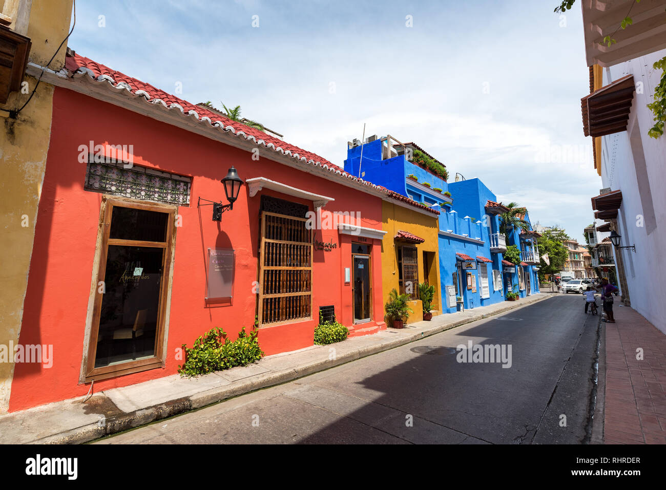 CARTAGENA, COLOMBIA - MAY 23: Colorful colonial street in Cartagena ...