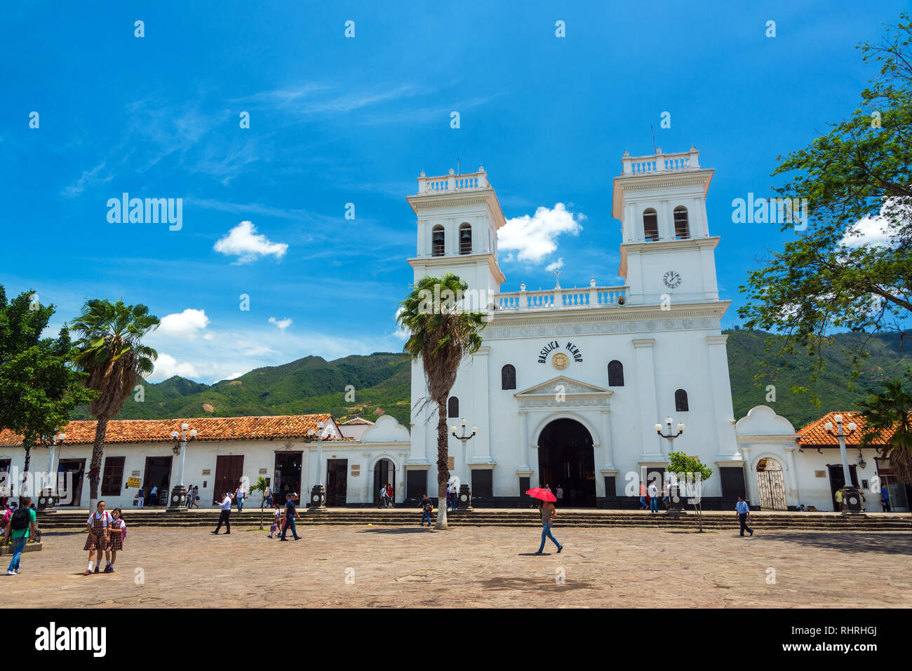 GIRON, COLOMBIA - MAY 3: View of the basilica and main plaza in Giron ...
