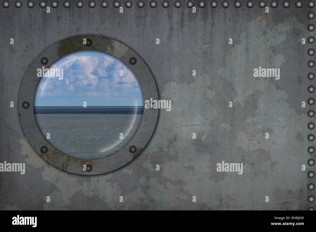 Ship metal porthole with ocean view. Vintage background with copy space ...