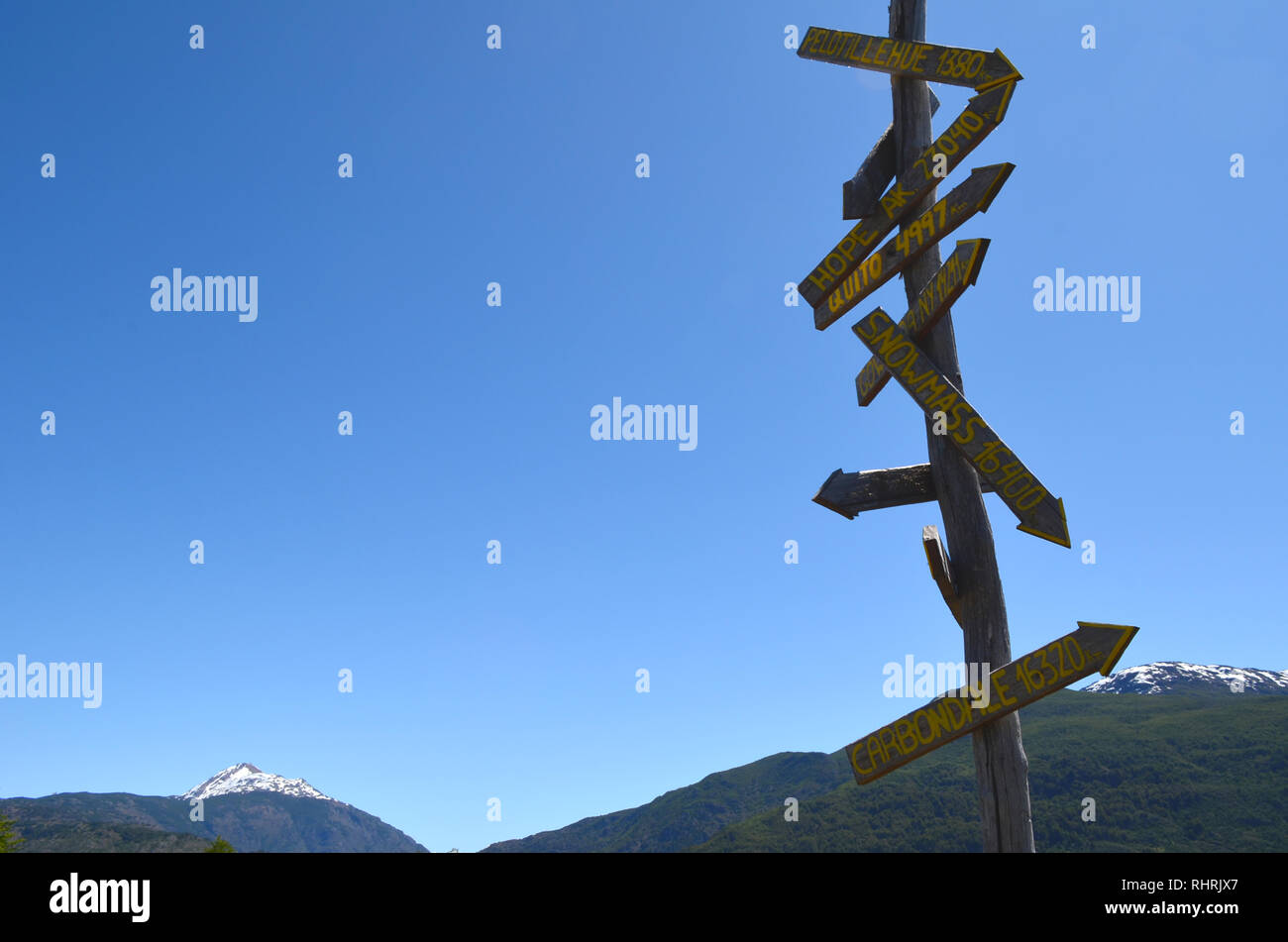 Wooden signpost showing direction and distance in kilometers from the ...