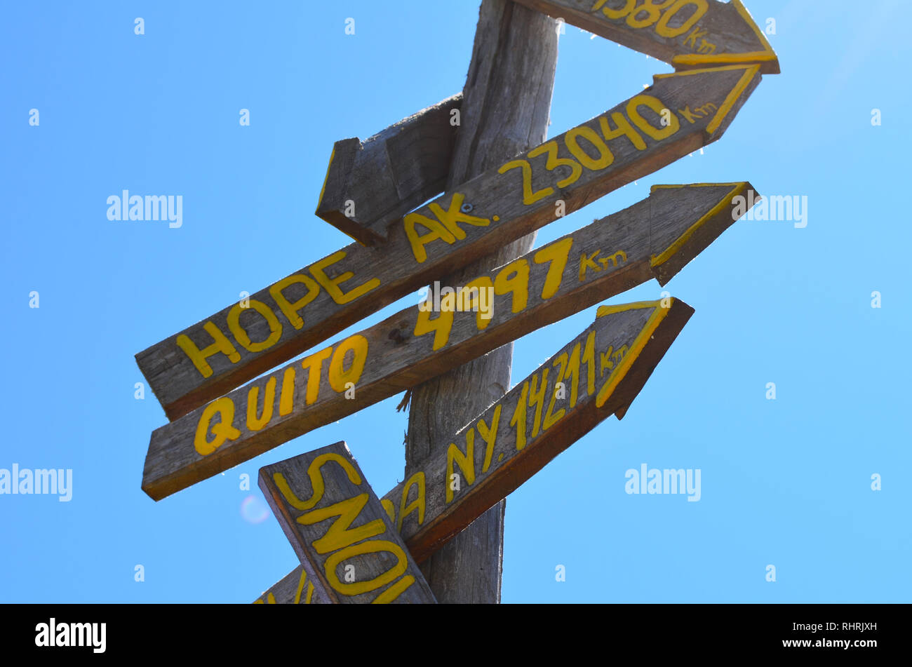 Wooden signpost showing direction and distance in kilometers from the ...