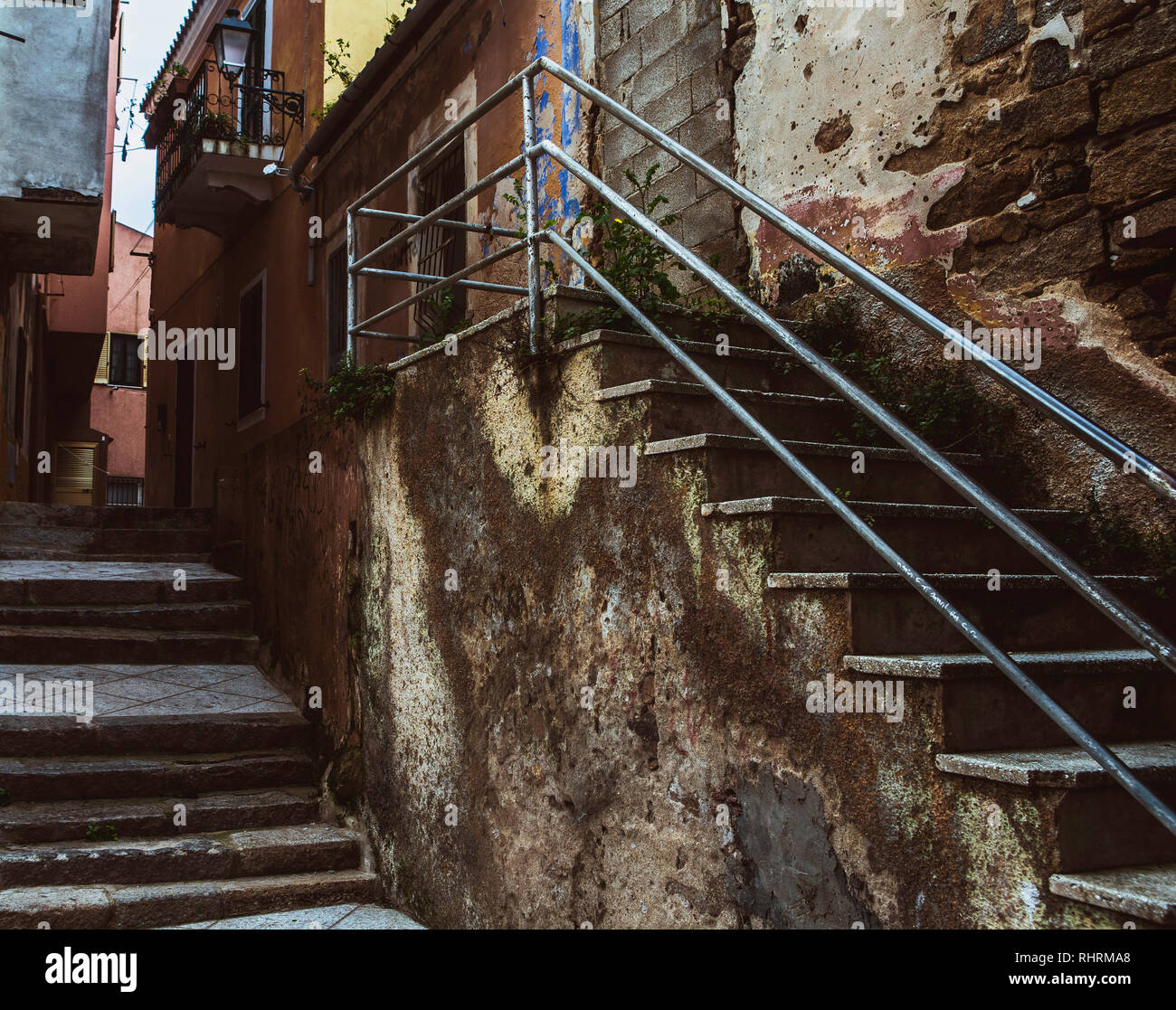 La Maddalena, Sardinia, Italy, old walls and stairs of the buildings in ...