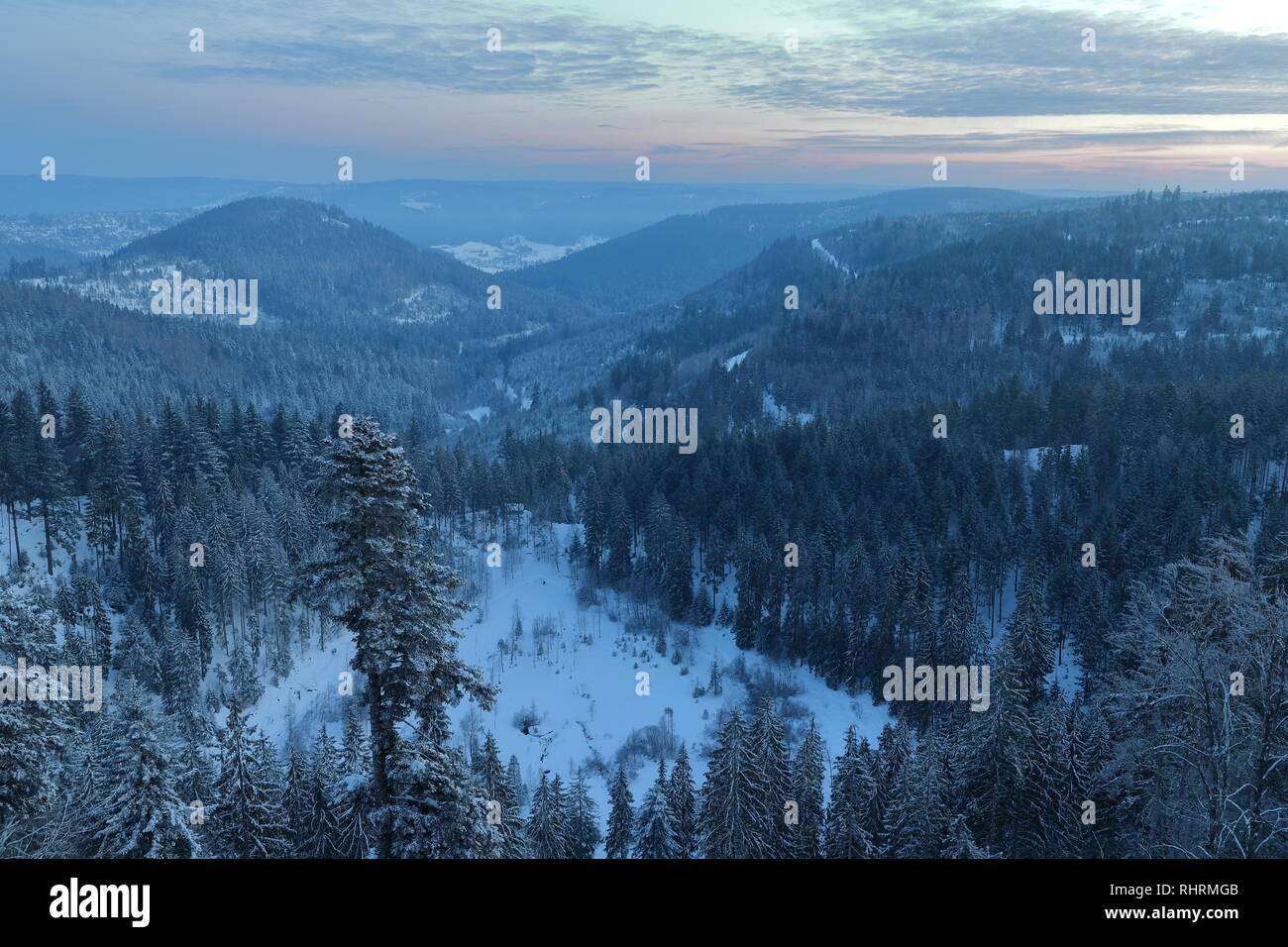 Sunrise over snowy Black Forest hills. Snowy pine tree forest. After ...