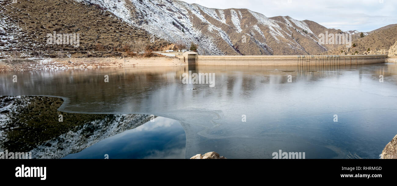 Winter scene above a hydroelectric Dam, Arrow Rock on the Boise River ...
