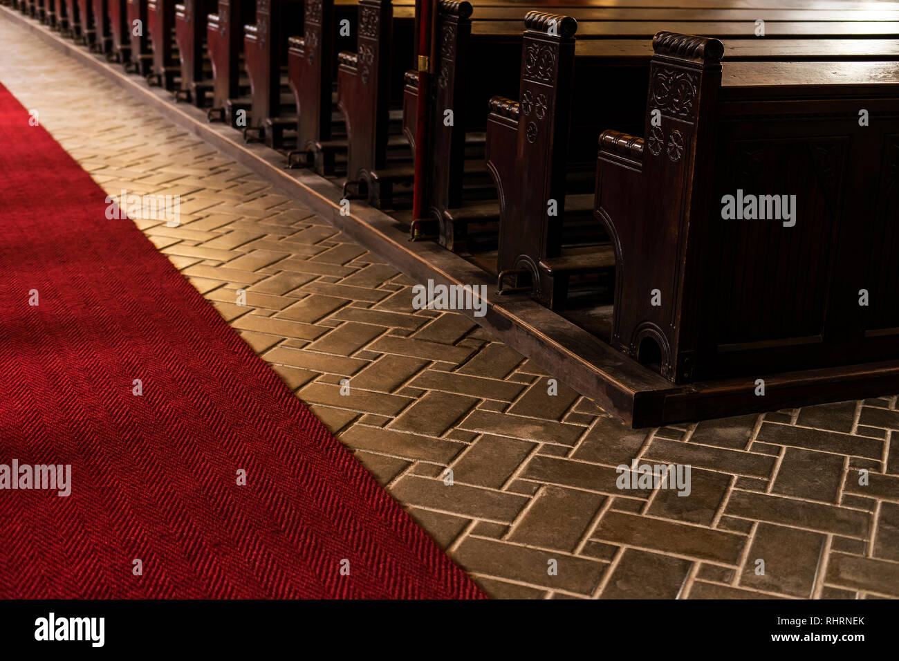 Empty wooden church benches of a Christian church Stock Photo - Alamy