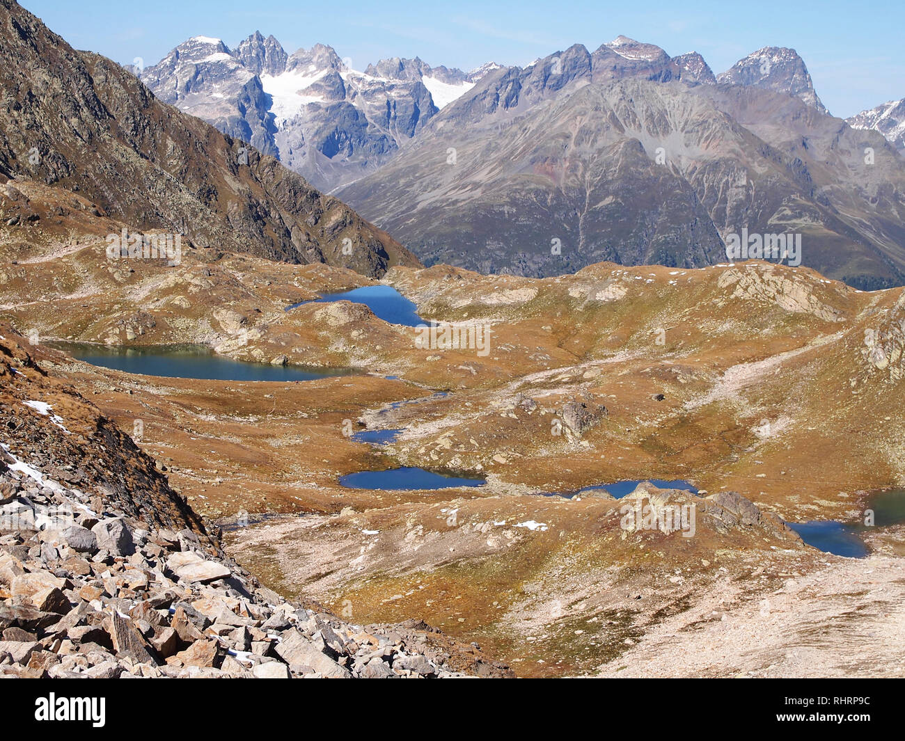 Lakes and peaks of Swiss National Park, Switzerland, in summertime ...