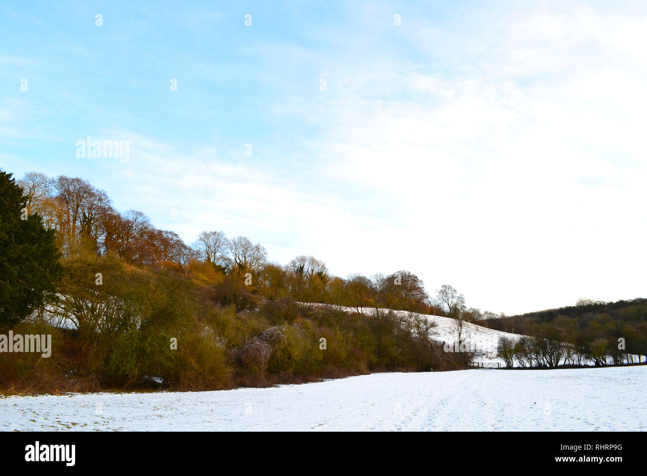 Snowy scenes in steep-sided dry valley Magpie Bottom, England, a ...