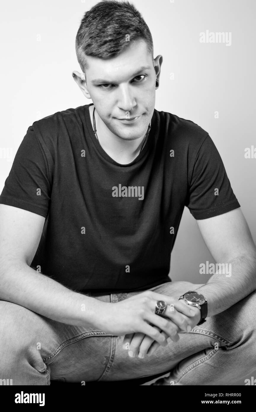 Black t shirt Black and White Stock Photos & Images - Alamy