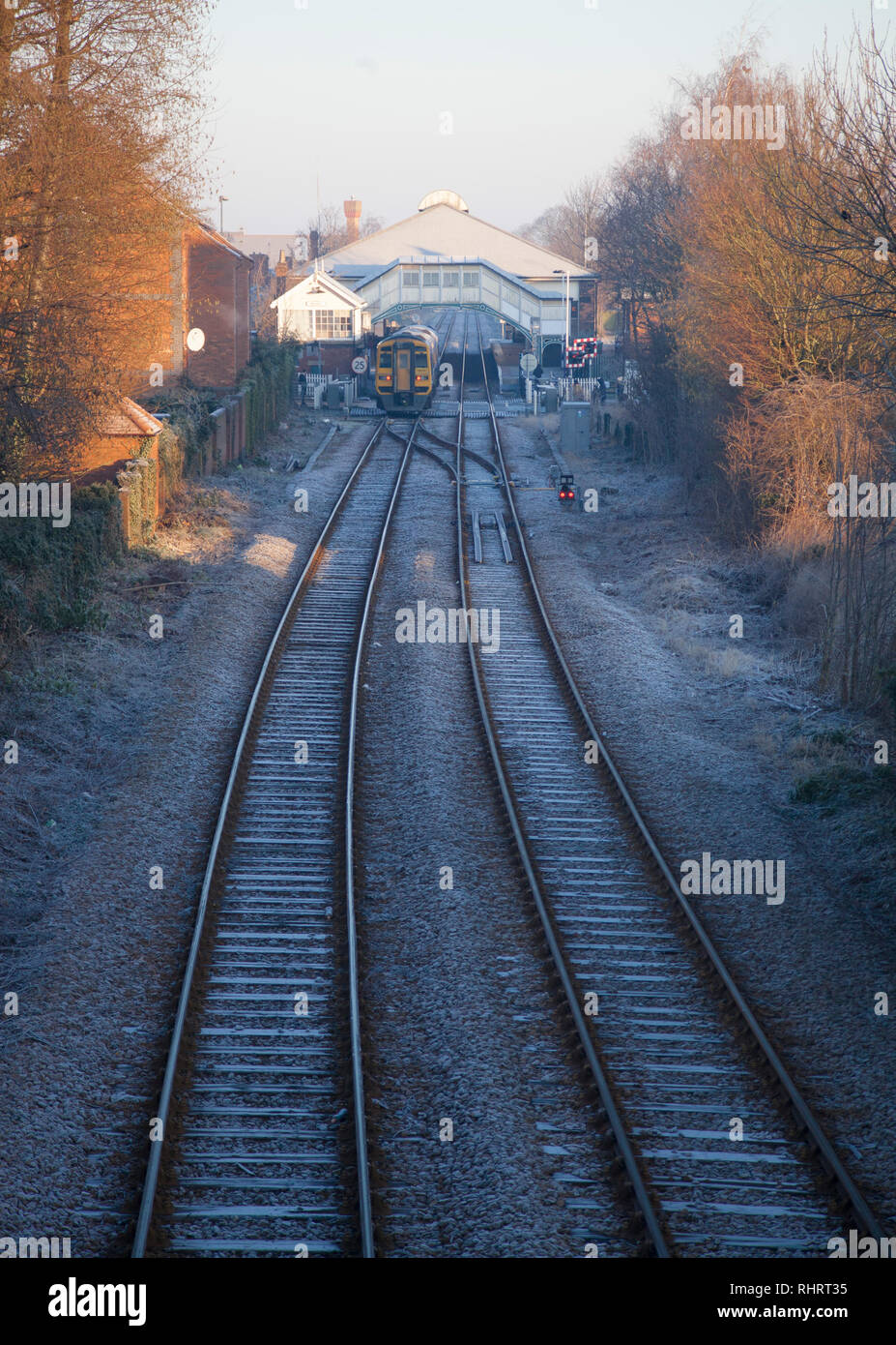 Winter rail travel Railway line with sleepers covered in frost Stock ...