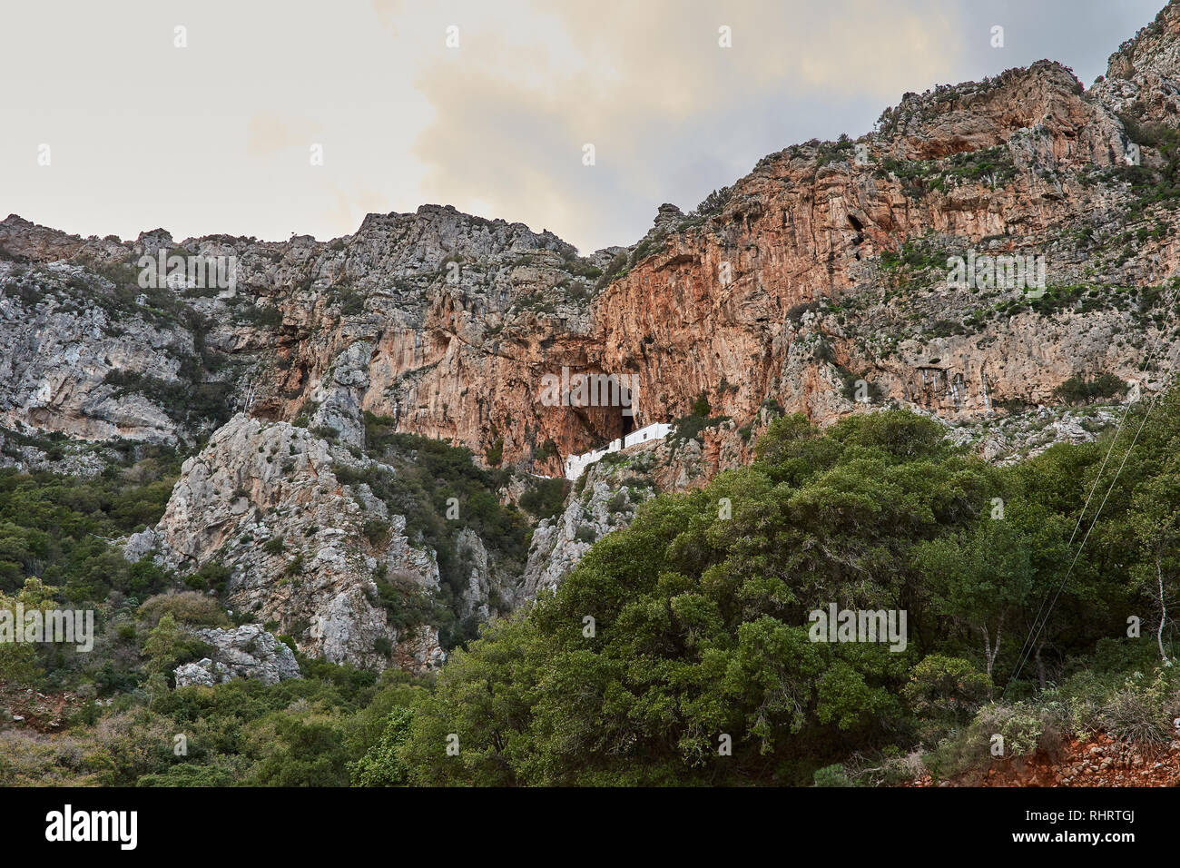 Tele photo view of the Holy Monastery of Zoodochos Pighi. Located over ...