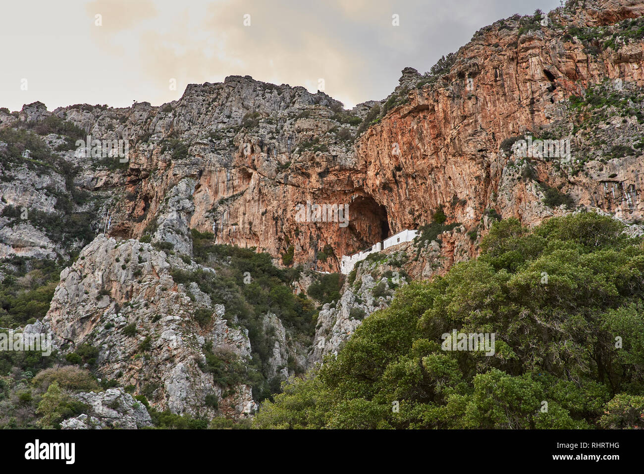Tele photo view of the Holy Monastery of Zoodochos Pighi. Located over ...