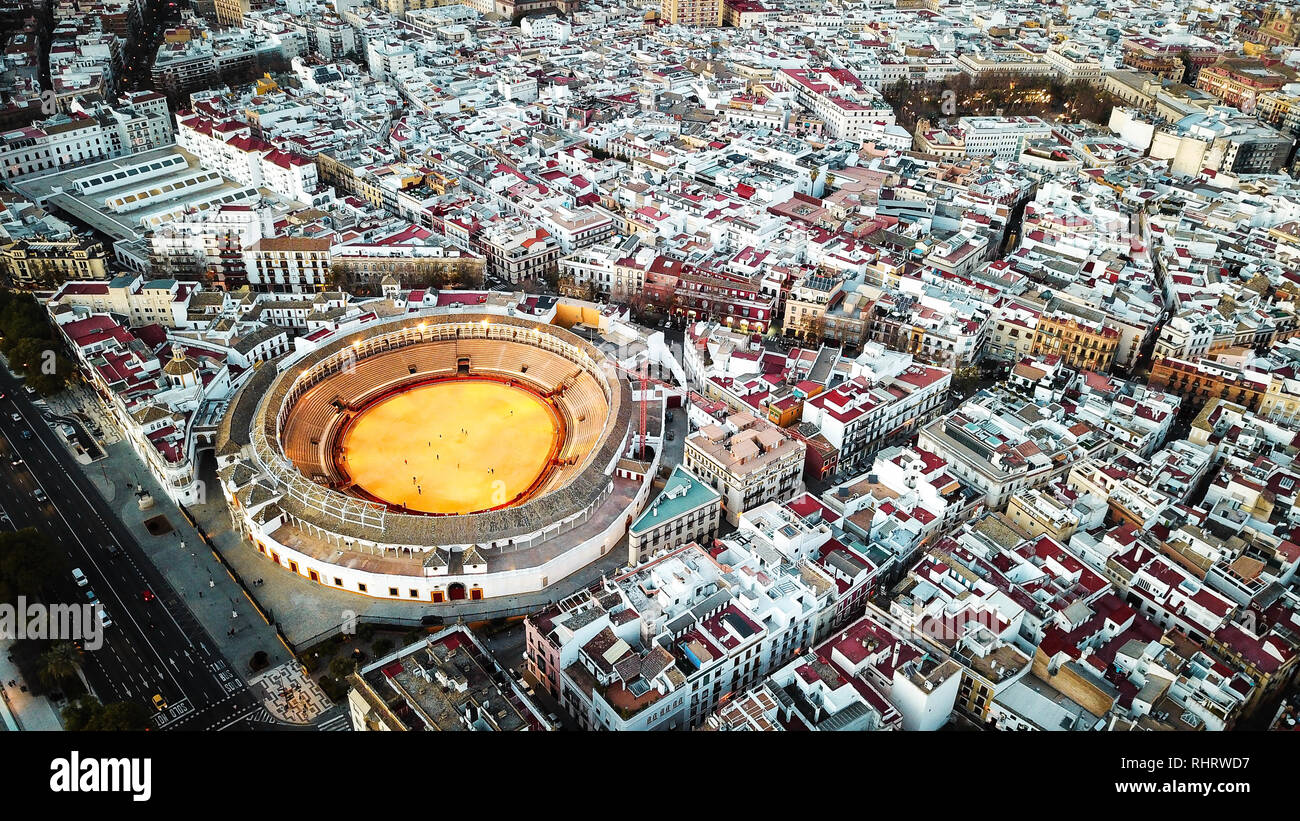 Aerial view of the Plaza de Toros de Sevilla, drone shot of the bull ...