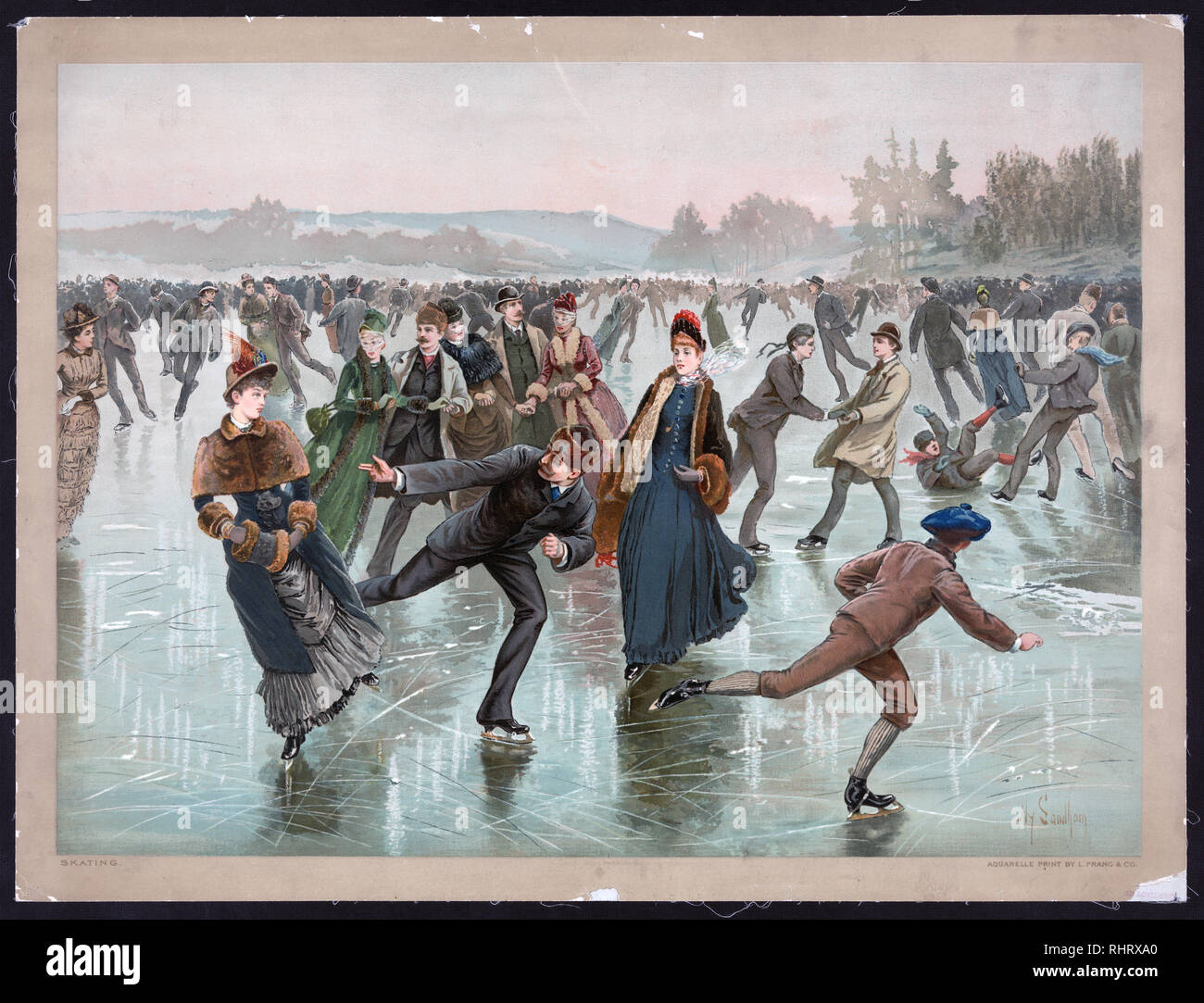 People ice skating lithograph ca. 1885 Stock Photo - Alamy