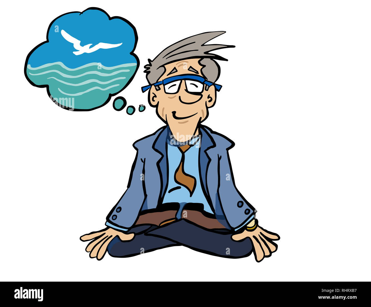 Character Bertrand sitting in Lotus position and vsualizing the ocean ...