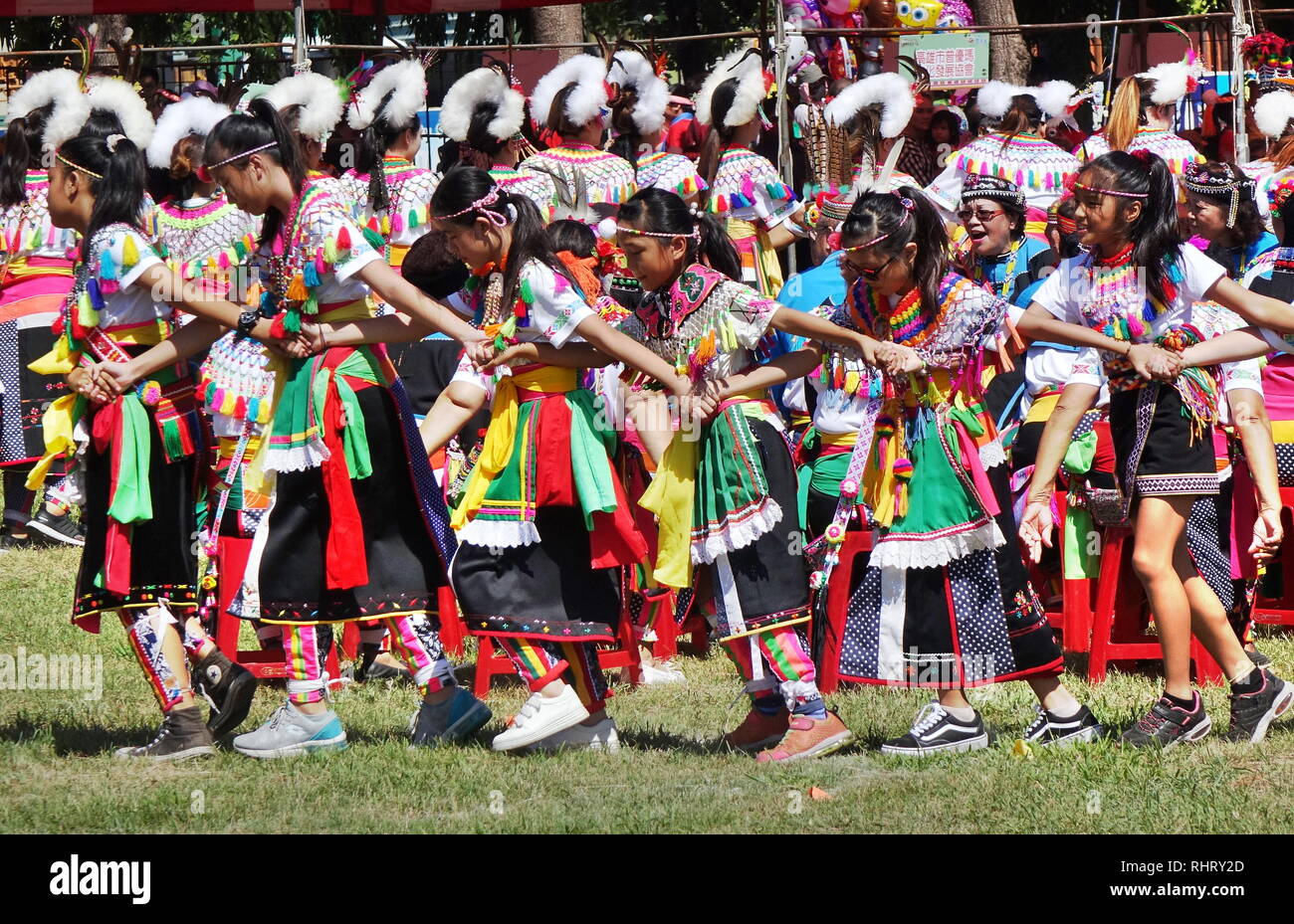 KAOHSIUNG, TAIWAN -- SEPTEMBER 29, 2018: Members of the indigenous Amis ...