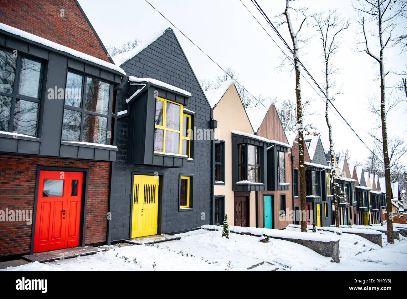fancy modern buildings in cold winter with snow on ground Stock Photo ...