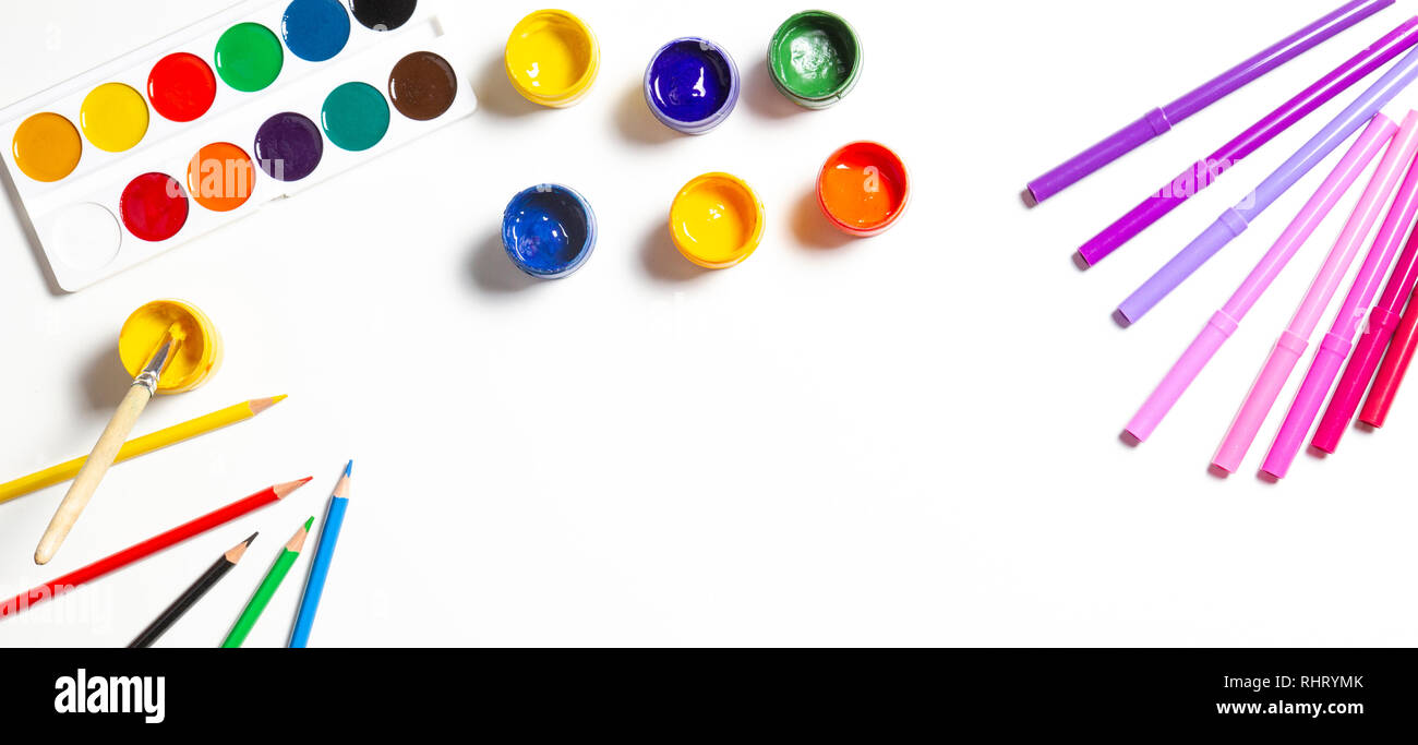 Creative background with art supplies on white background Stock Photo ...